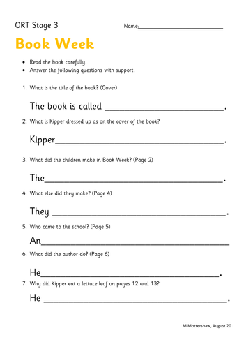 ORT Stage 3 Reading Comprehension Book Week | Teaching Resources
