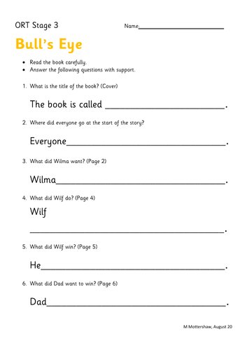 ORT Stage 3 Reading Comprehension Bull's Eye | Teaching Resources