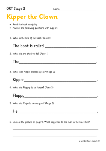 ORT Stage 3 Reading Comprehension Kipper the Clown | Teaching Resources
