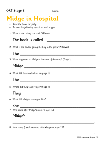 ORT Stage 3 Reading Comprehension Midge in Hospital | Teaching Resources