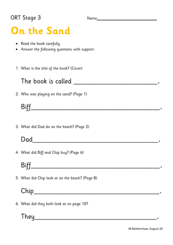 ORT Stage 3 Reading Comprehension On the Sand | Teaching Resources