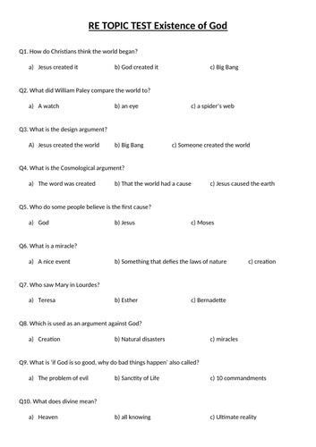 Existence of God Assessment | Teaching Resources