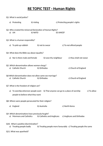 Human Rights & Religion Topic Test | Teaching Resources