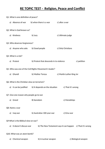 Peace + Conflict Topic Test | Teaching Resources
