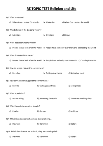 Religion and Life - Topic Test | Teaching Resources