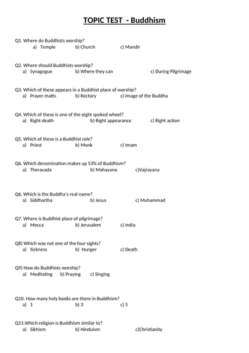 Buddhism KS3 Topic Test | Teaching Resources