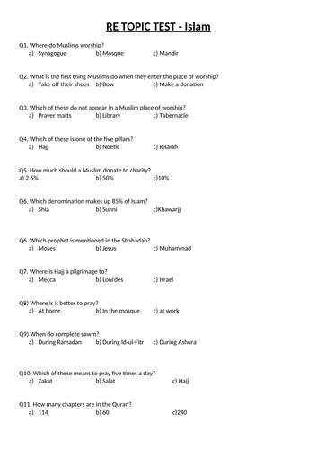Islam KS3 Topic Test | Teaching Resources