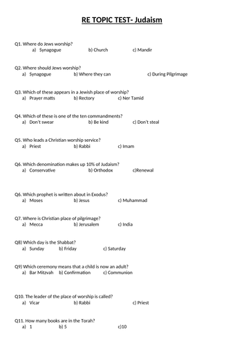 Judaism KS3 Topic Test | Teaching Resources