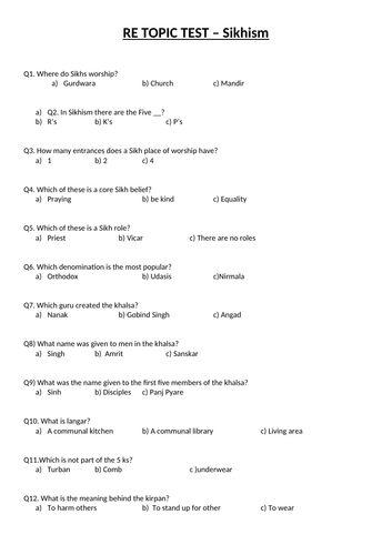 Sikhism KS3 Topic Test | Teaching Resources
