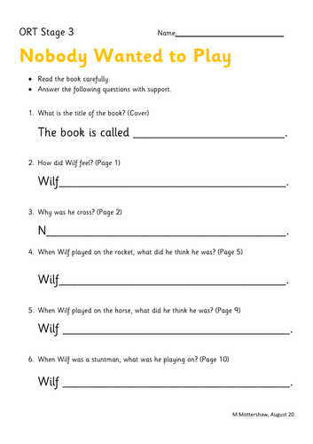 ORT Stage 3 Reading Comprehension Nobody Wanted to Play | Teaching ...