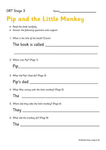 ORT Stage 3 Reading Comprehension Pip and the Little Monkey | Teaching ...