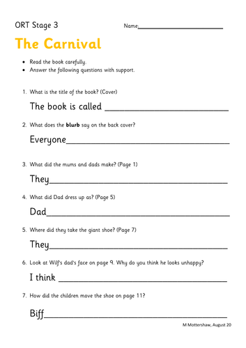 ORT Stage 3 Reading Comprehension The Carnival | Teaching Resources