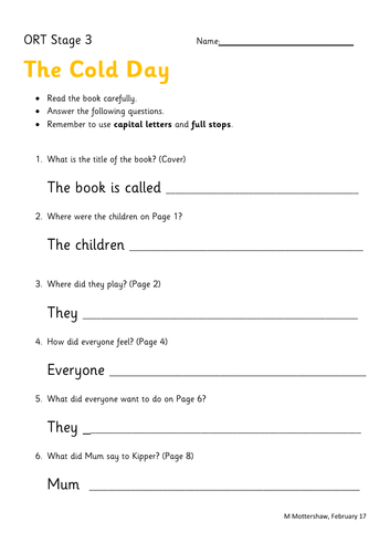 ORT Stage 3 Reading Comprehension The Cold Day | Teaching Resources