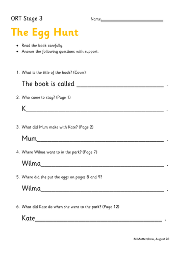 ORT Stage 3 Reading Comprehension The Egg Hunt | Teaching Resources