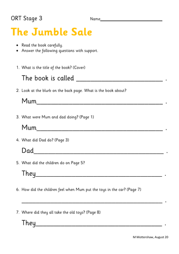 ORT Stage 3 Reading Comprehension The Jumble Sale | Teaching Resources