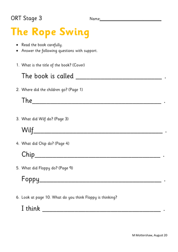 ORT Stage 3 Reading Comprehension The Rope Swing | Teaching Resources
