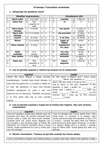 Spanish GCSE el tiempo: Weather Translation Worksheet | Teaching Resources