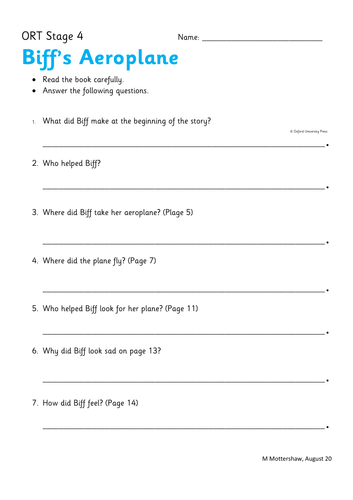 ORT Stage 4 Reading Comprehension Biff's Aeroplane | Teaching Resources