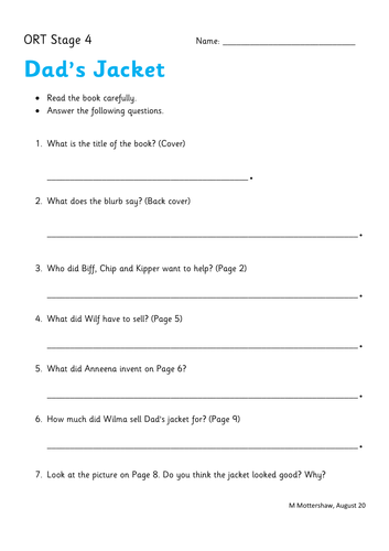ORT Stage 4 Reading Comprehension Dad's Jacket | Teaching Resources