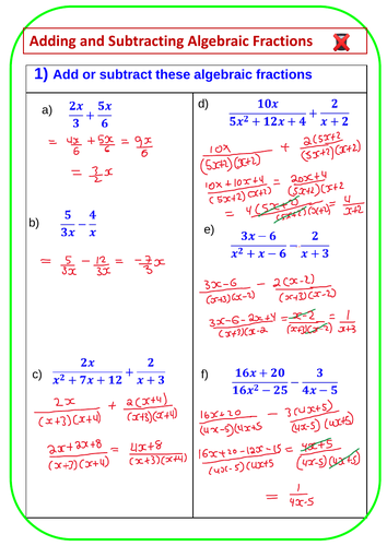 Adding and subtracting Algebraic fractions | Teaching Resources Adding and subtracting Algebraic fractions | Teaching Resources