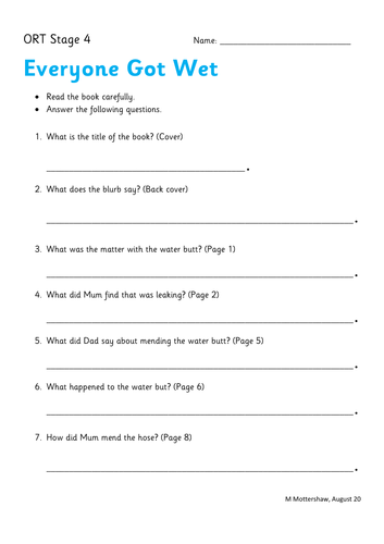 ORT Stage 4 Reading Comprehension Everyone Got Wet | Teaching Resources
