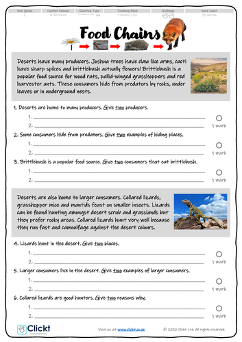 Year 2 Reading Comprehension (NON-FICTION): Science: Food Chains ...