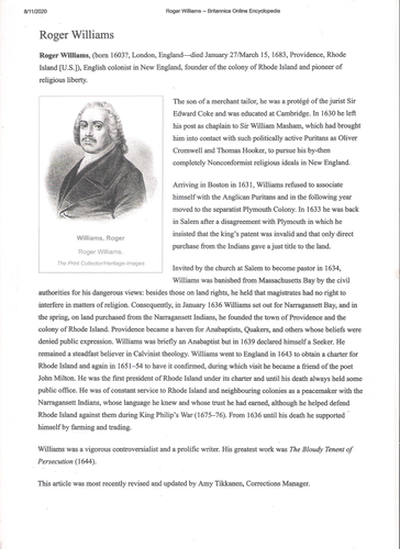 Roger Williams (1603-1683) Rhode Island | Teaching Resources