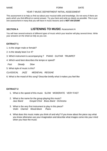YEAR 7 MUSIC BASELINE ASSESSMENTS | Teaching Resources