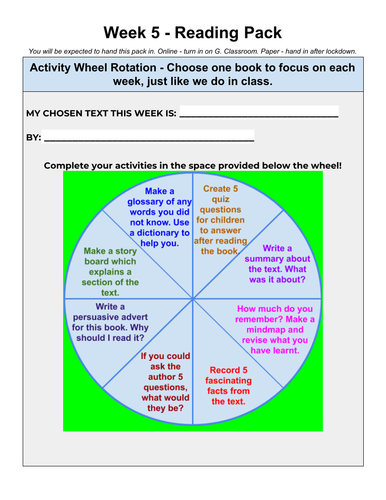 Home Learning Reading Activity Wheel | Teaching Resources