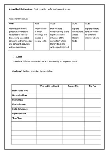 AQA A level English Lit Love through the ages pre 1900 Poetry Anthology ...