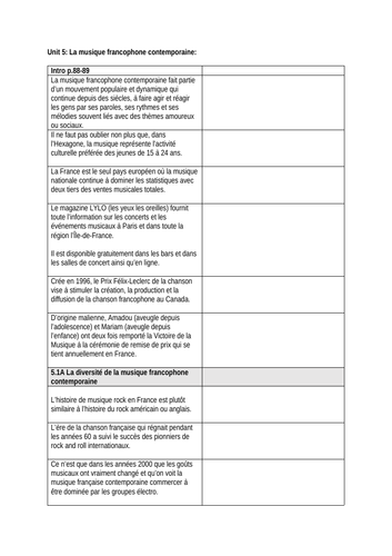 Y12 French Unit 5 La musique francophone KEY SENTENCES | Teaching Resources