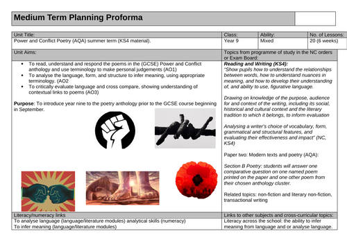 AQA Power and Conflict Poetry Anthology Medium Term Plan | Teaching ...