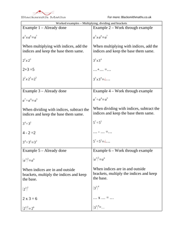 Index laws (numbers) - worksheet | Teaching Resources