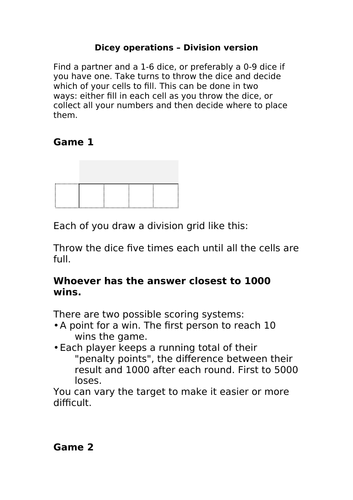 Dicey operations Maths games - age 6 and up | Teaching Resources