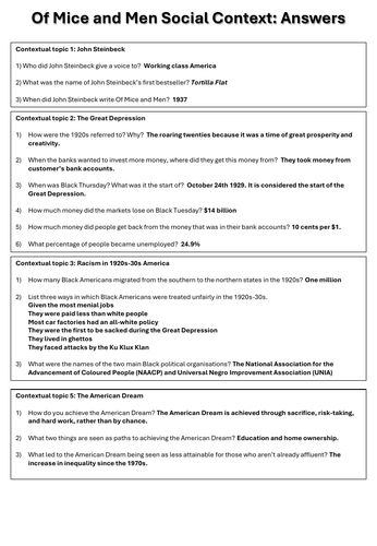 Of Mice and Men Social Context Worksheet | Teaching Resources