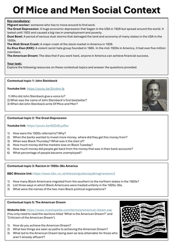 Of Mice and Men Social Context Worksheet | Teaching Resources