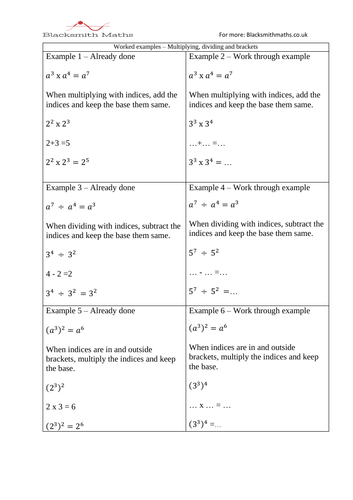 Indices, powers and roots - worksheets | Teaching Resources
