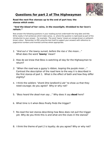 The Highway Man Guided Reading Questions - Year 5 | Teaching Resources