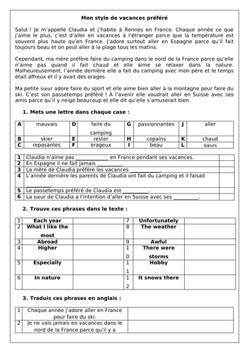 French Holidays & Weather Reading - les vacances / le temps | Teaching ...