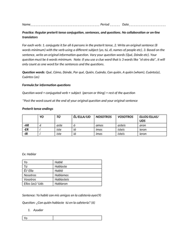 Regular preterit conjugation, sentences, and questions | Teaching Resources