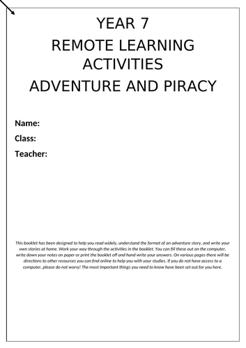 KS3 - Adventure Fiction Activity Booklet (Creative Writing & Analysis ...