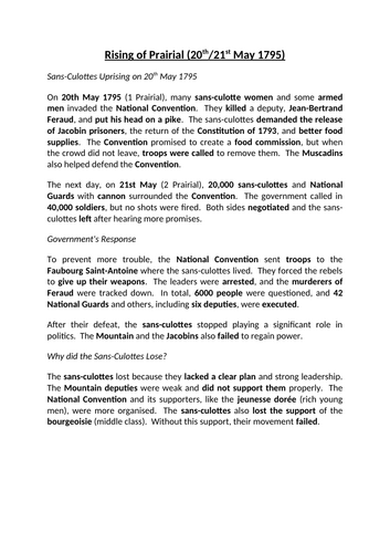 Prairial Uprising - 20th/21st May 1795 | Teaching Resources