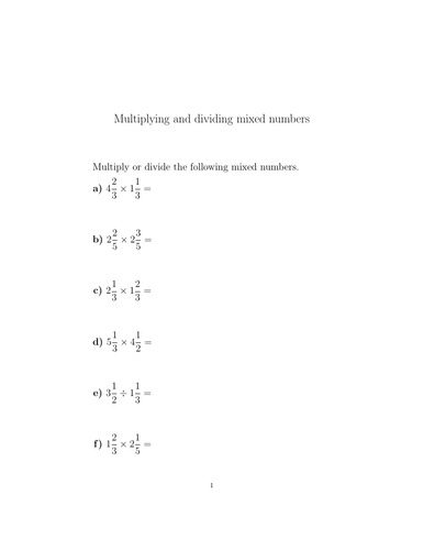 Multiplying and dividing mixed numbers worksheet (with solutions ...