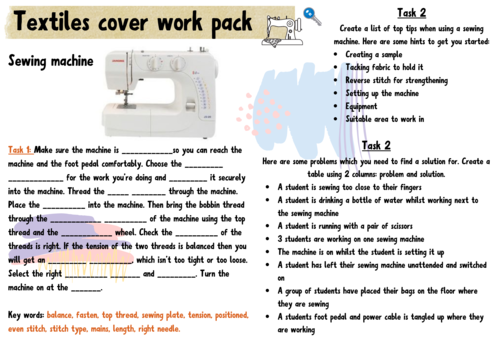 Textiles cover work pack - Sewing machines | Teaching Resources
