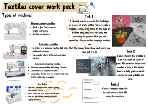 Textiles cover work pack - Sewing machines | Teaching Resources