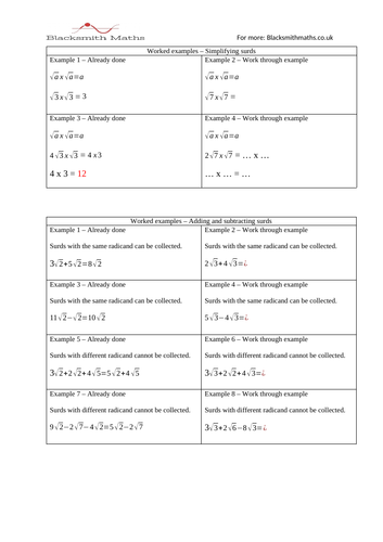 Adding and subtracting surds - worksheet | Teaching Resources Adding and subtracting surds - worksheet | Teaching Resources