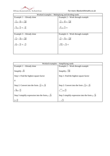 Surds - worksheets | Teaching Resources