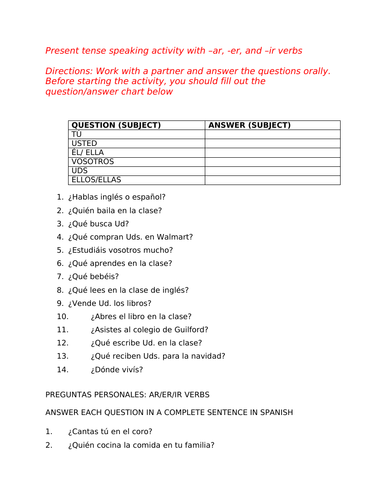 Present tense questions practice | Teaching Resources