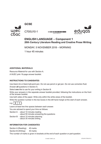 Eduqas English Language Complete Paper 1 - November 2018 | Teaching ...