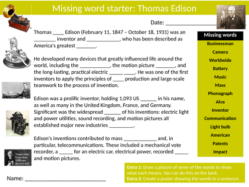 Thomas Edison Missing Words Puzzle Sheet Starter Activity Keywords ...